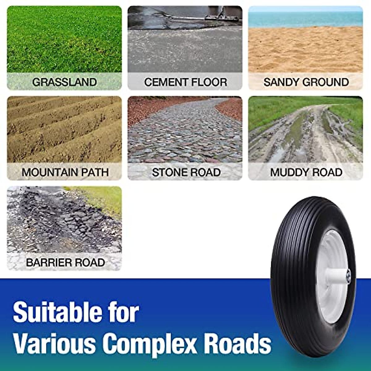 BAIVE BW 16" 4.80/4.00-8 Flat Free Solid Polyurethane Tire and Wheel, 1 Pack PU Airless Tires with 5/8" Ball Bearings 6" Iron Hub for Wheelbarrow/Hand Truck/Tool Cart/Garden Carts, 1 Pack