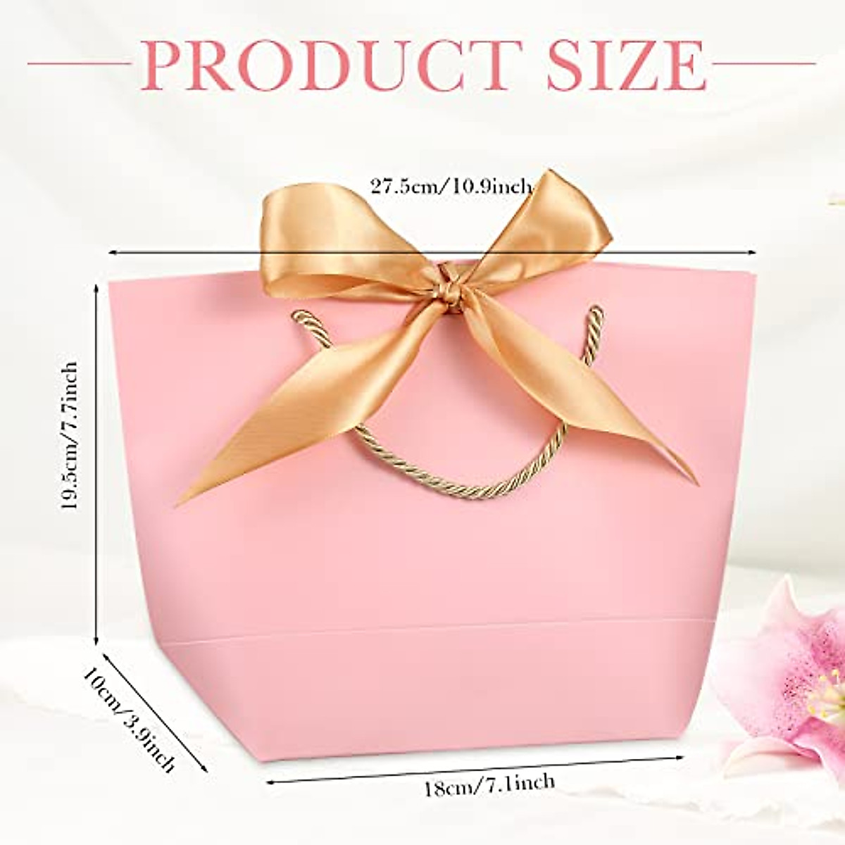45 Pcs Gift Bags with Handles Paper Party Favor Bag Bulk Pink Paper Bags with Gold Bow Ribbon Pink Candy Bags for Birthday Wedding Bridesmaid Holiday Christmas Valentine's Day