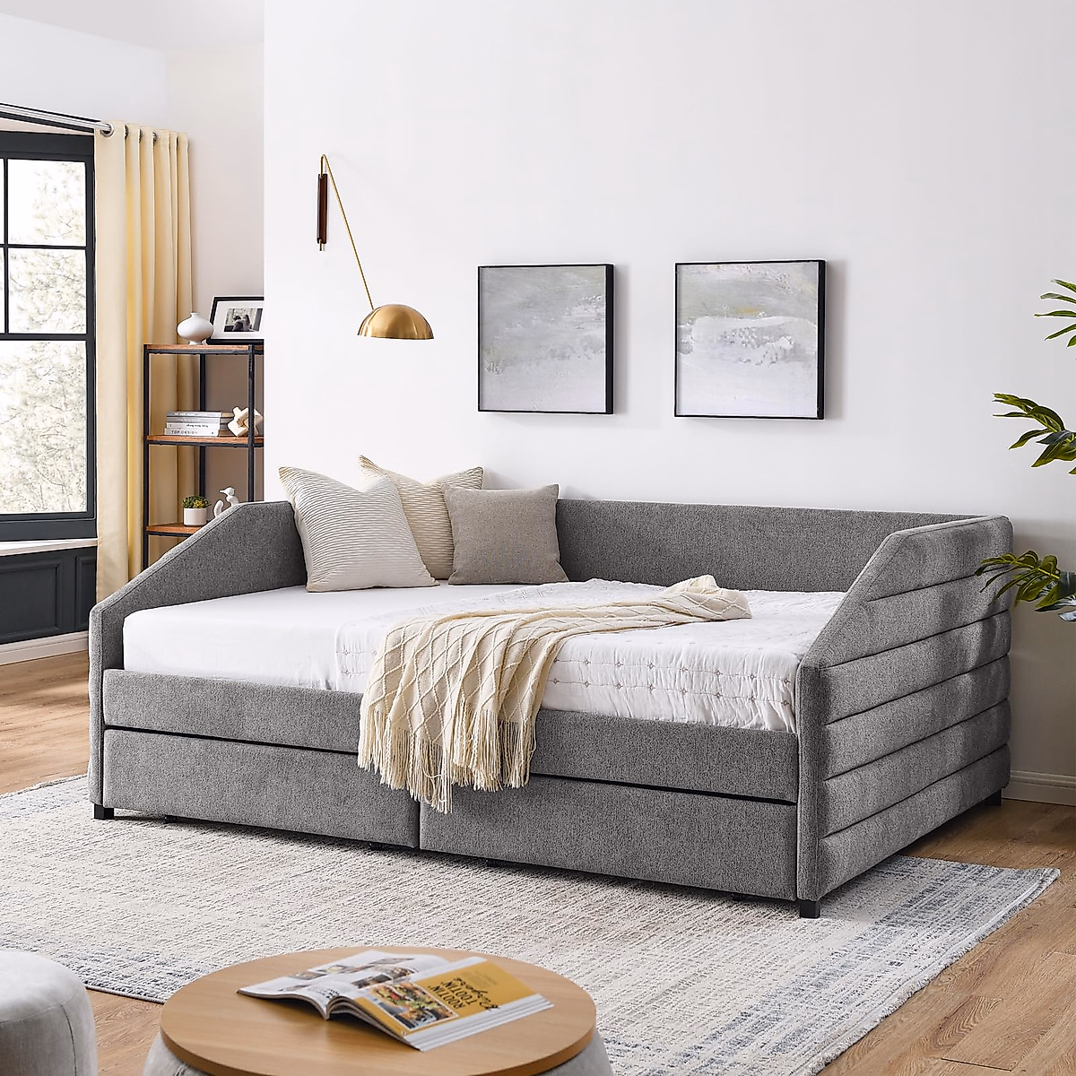 JEEOHEY Queen Size Daybed with Storage, Modern Upholstered Linen Sofa Bed with 2 Pull-Out Drawers for Apartment Living Room Guest Room, Solid Wood Trundle Day Bed Frame, No Box Spring Needed, Grey