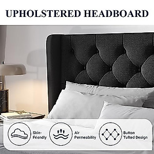 Allewie Queen Size Bed Frame with Button Tufted Wingback Headboard, Modern Upholstered Bed Frame with Solid Wooden Slats Support - No Box Spring Needed, Easy Assembly, Black