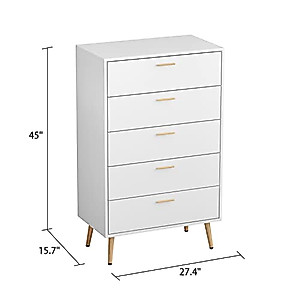 Homsee Modern Dresser Storage Chest with 5 Drawers, Wood Dresser Chest with Gold Metal Legs and Handles for Bedroom, Living Room, White (27.4”L x 15.6”W x 44.9”H)
