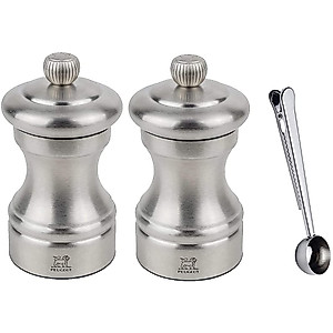 Peugeot Bistro Chef Manual Salt & Pepper Mill Gift Set Stainless Steel 10 cm - 4in - With Stainless Steel Spice Scoop/Bag Clip (Salt & Pepper Mill Set)