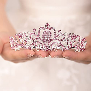JWICOS Pink Crystal Tiara and Crown for Women and Girls Rhinestone Princess Crown with Comb for Birthday Pageant Prom Bridal Wedding Prom Birthday Tiara Accessories (Pink Rhinestone)
