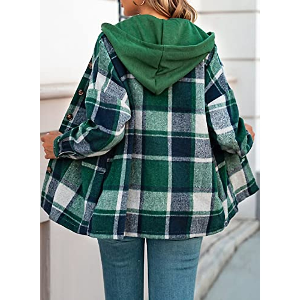 EVALESS Women's Hooded Flannel Fall Fleece Plaid Shacket Jacket 2023 Fashion Casual Long Sleeve Button Down Shirts Coats,Green XL