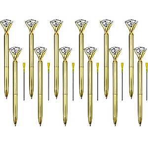Bememo 12 Pieces Big Diamond Crystal Ballpoint Pens and 6 Pieces Ballpoint Pen Refills, Black Ink (Gold)