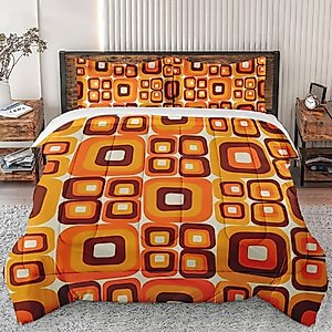 Pinbeam Comforter Set King Size, 70S Retro Orange Brown Soft Bedding Set for Kids and Adults Bedroom Bed Decor, Yellow Beige Aesthetic Comforter Set with 2 Pillowcases