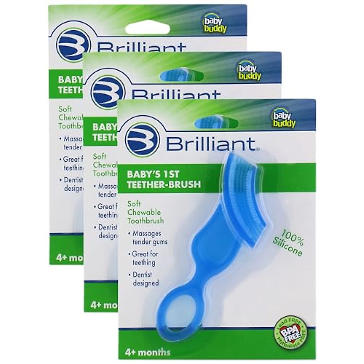 Brilliant Baby’s 1st Toothbrush - Silicone First Toothbrush for Babies and Toddlers, 4 Months Old and Up, Oral Care Must Haves for Infant and Toddler, Baby Registry Essentials, Blue, 1 (Pack of 3)