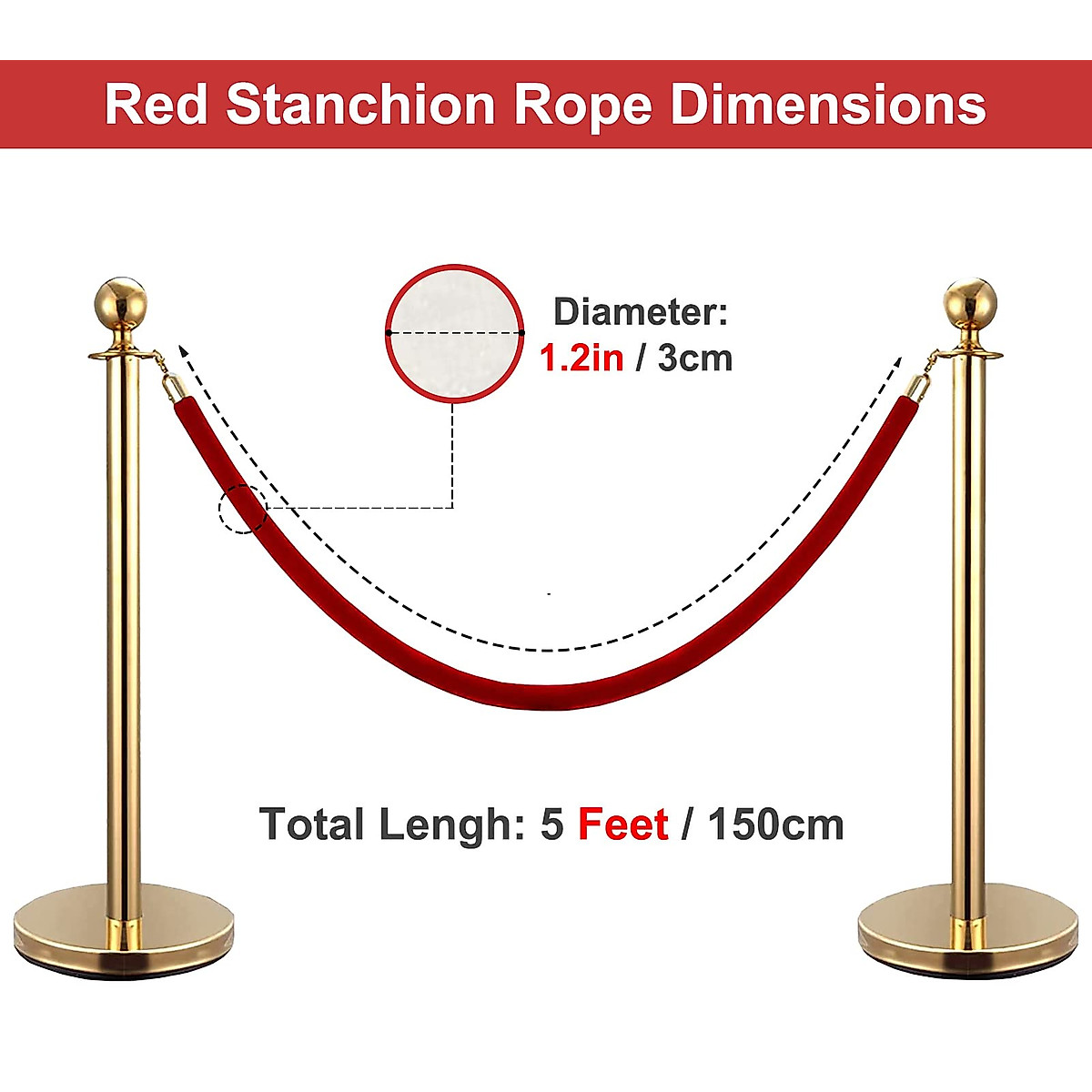 LVYIHAN 2 Pack Velvet Stanchion Rope Red, 5 Ft Crowd Control Ropes Barrier with Gold Hooks, Hanging VIP Rope for Party Decoration