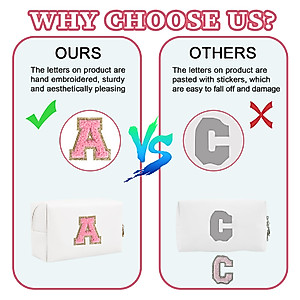 Personalized Initial Letter Patch Makeup Bag, Preppy Portable Chenille Letter Cosmetic Bag with Zipper, PU Leather Waterproof Travel Toiletry Bag Monogram Make Up Pouch for Women Girls(Letter M)