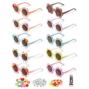 Tigeen 10 Pairs 5.71in Adult Flower Sunglasses Glasses UV Protection Glasses with 50 Daisy Charms 200 Random Letter Beads(Trendy Colors)