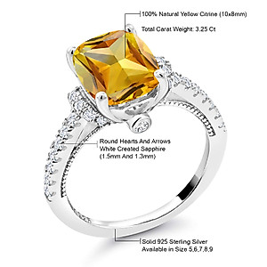 Gem Stone King 925 Sterling Silver Yellow Citrine and White Created Sapphire Ring For Women (3.25 Cttw, Cushion 10X8MM, Gemstone Birthstone, Available In Size 5, 6, 7, 8, 9)