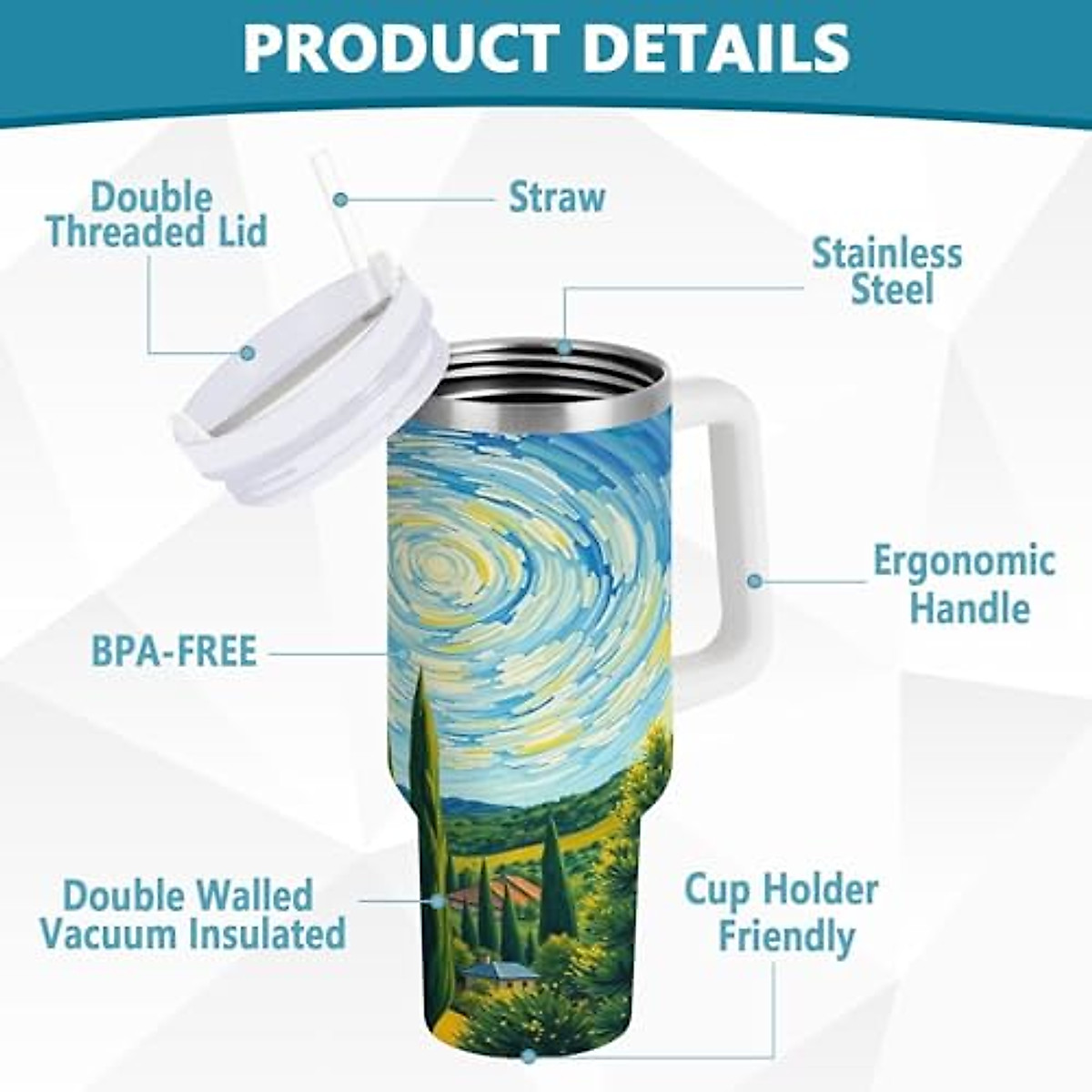 RPLIFE Landscape Painting Swirling Sky Travel Coffee Tumbler, Stainless Water Bottle, Insulated Cup with Straw, Tumbler for Men