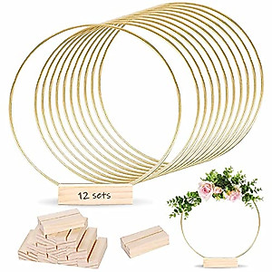 12Pcs 12 Inch Metal Floral Hoop Centerpiece with Stand for Table,Metal Macrame Gold Wreath Ring with 12Pcs Holders Stands,Centerpiece Table Decorations for DIY Wedding Decor and Wall Hanging Crafts