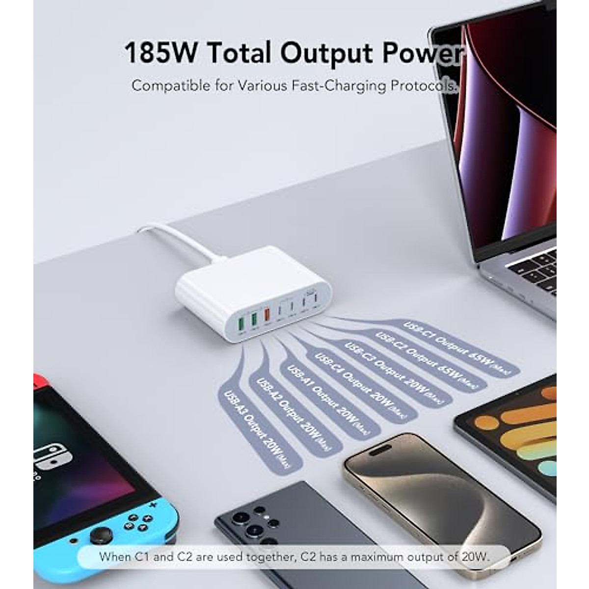 185W USB C Fast Charger Block, 7 Port USB C Charger Charging Station Hub Brick Multiport Charger Laptop Power Adapter for MacBook Pro Air iPad Pro iPhone 15 14 13 12 Galaxy Note S23 Pixel Steam Deck