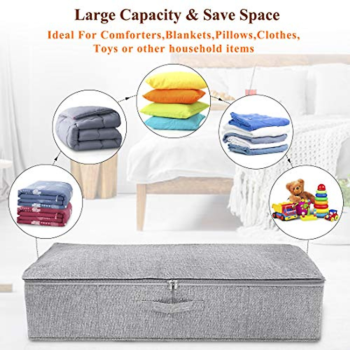 punemi Under Bed Storage, 4 Pack Underbed Storage Container Bags With Lid, Foldable Sturdy Clothes Storage Drawer Organizer W/ 3 Handles, Ultra Thick Fabric Blanket Shoe Storage Box, 30x15x6.7inch