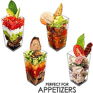 DLux 50 x 3 oz Mini Dessert Cups with Spoons, Square Tall - Clear Plastic Parfait Appetizer Cup - Small Reusable Serving Bowl for Party Desserts Appetizers - With Recipe Ebook