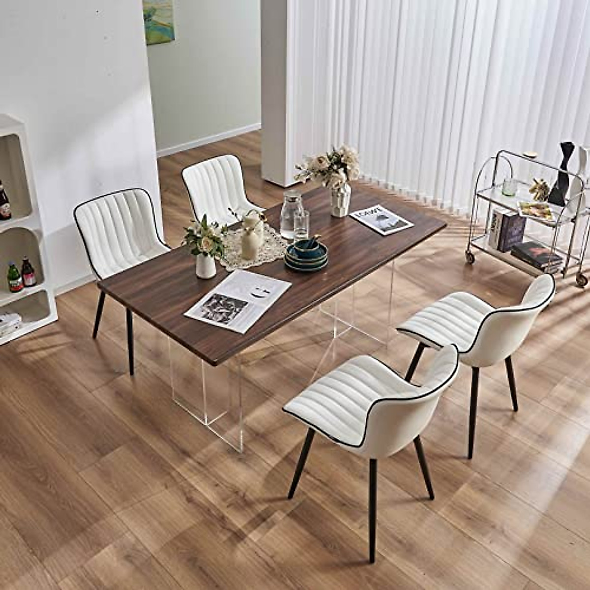 YOUNIKE Dining Chairs Set of 2 Upholstered Kitchen Dining Room Chair Mid Century Modern White PU Leather Chair with Metal Legs Wide Seat