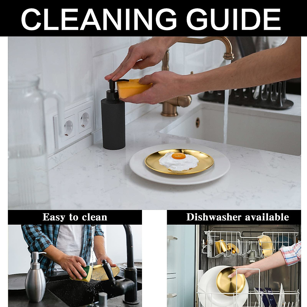 8 Pcs Stainless Steel Dinnerware Sets, Gold Dish Set, 6.6‘’Thickened Dinner Plates, 16.9 OZ Soup Bowls, 3.5 OZ Sauce Dish & Metal Cups, Stackable Dishware for Kitchen BBQ Party Picnic