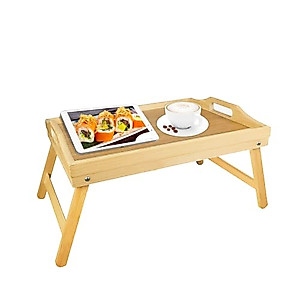 Bed Tray Table with Folding Legs, Bamboo Breakfast Food Lap Tray for Eating, Bed, Sofa, Working, Drawing, Kitchen Platters Desk Foldable Serving Bed Tray with Handles Laptop Computer Snack Tray Table