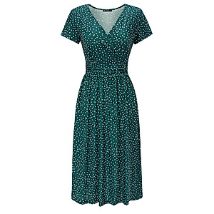 OUGES Women's 2025 Summer Short Sleeve V-Neck Floral Short Party Dress with Pockets(Green Polka Dot,S)
