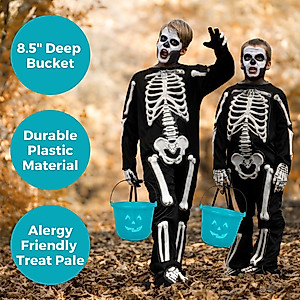 Teal Pumpkin Halloween Trick or Treat Bucket 8.5 in (2 Pack)-Official Teal Pumpkin Project Allergy-Friendly Candy Pail Accessory and Party Decoration Supplies, Haunted House Plastic Bowl w Handle