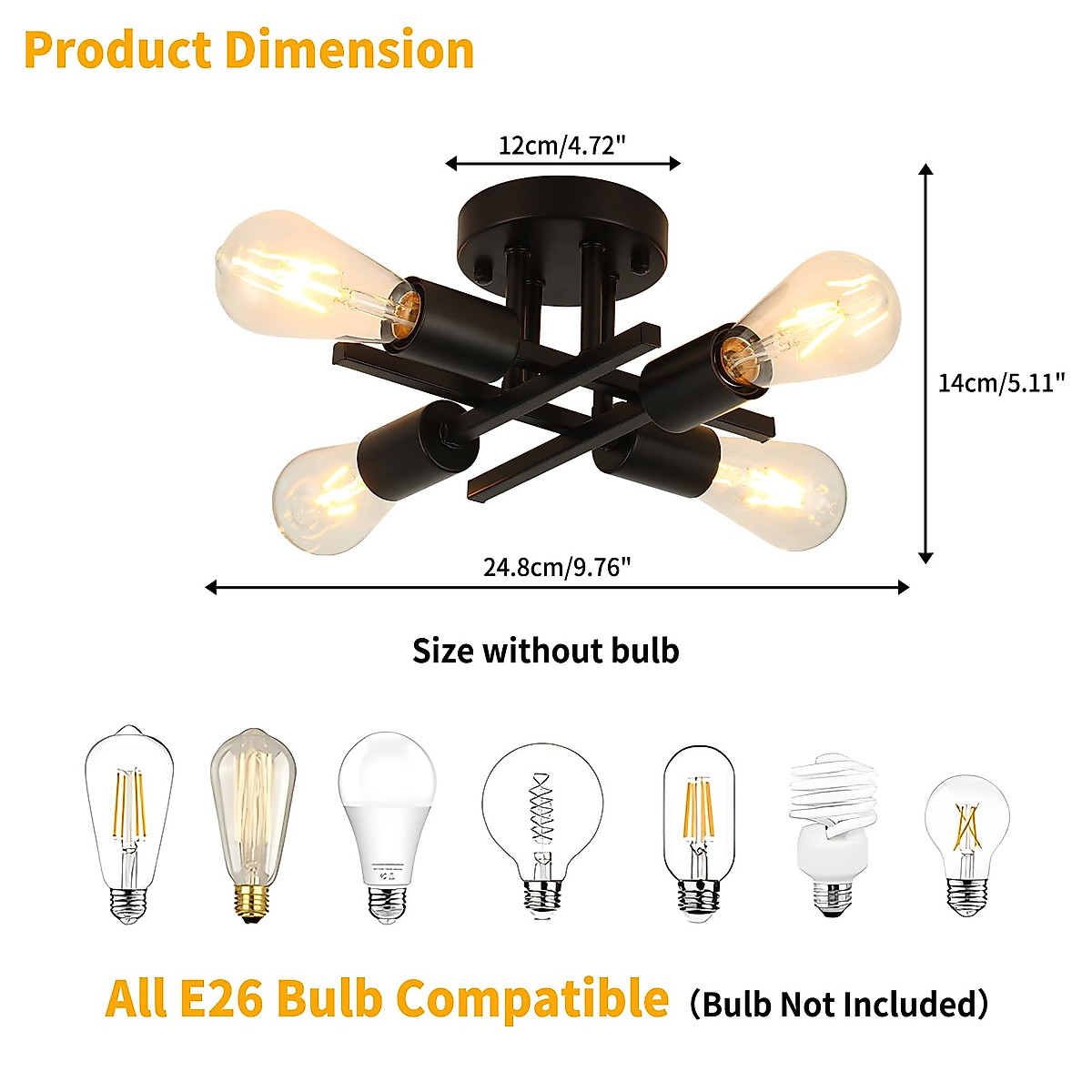 WILON Semi Flush Mount Ceiling Light Fixture, 4-Light Industrial Black Ceiling Light, Modern Sputnik Chandelier Small Ceiling Lamp for Kitchen Bedroom Living Room Dining Bathroom Laundry Hallway