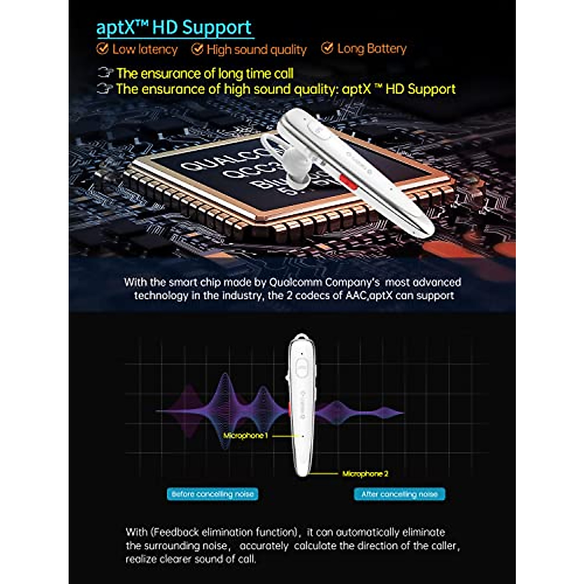 Glazata Wireless Headset with ENC Dual Mic Noise Canceling & Mute Key, apt-X & apt-X HD for Driving, Office, Business, Compatible with Cell Phone and PC 「White」