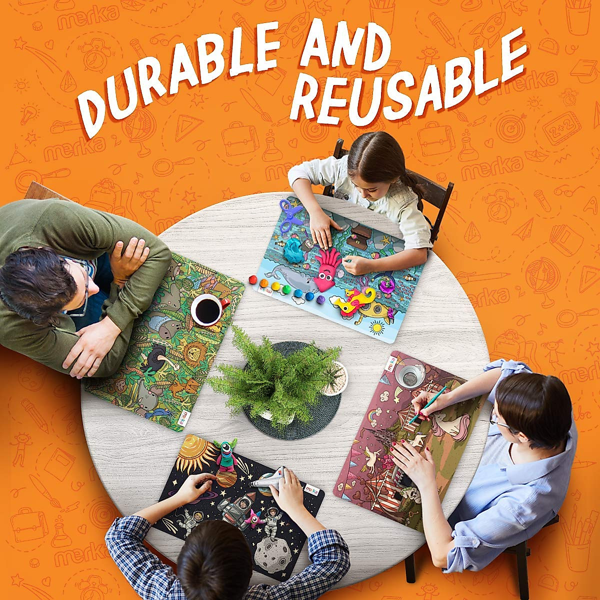 merka 4 Pack Kids Placemats for Dining Table, Placemat Plastic for Kid, Reusable Wipeable, Set of 4 Ocean Space Jungle Unicorns for Ages 2 and Up