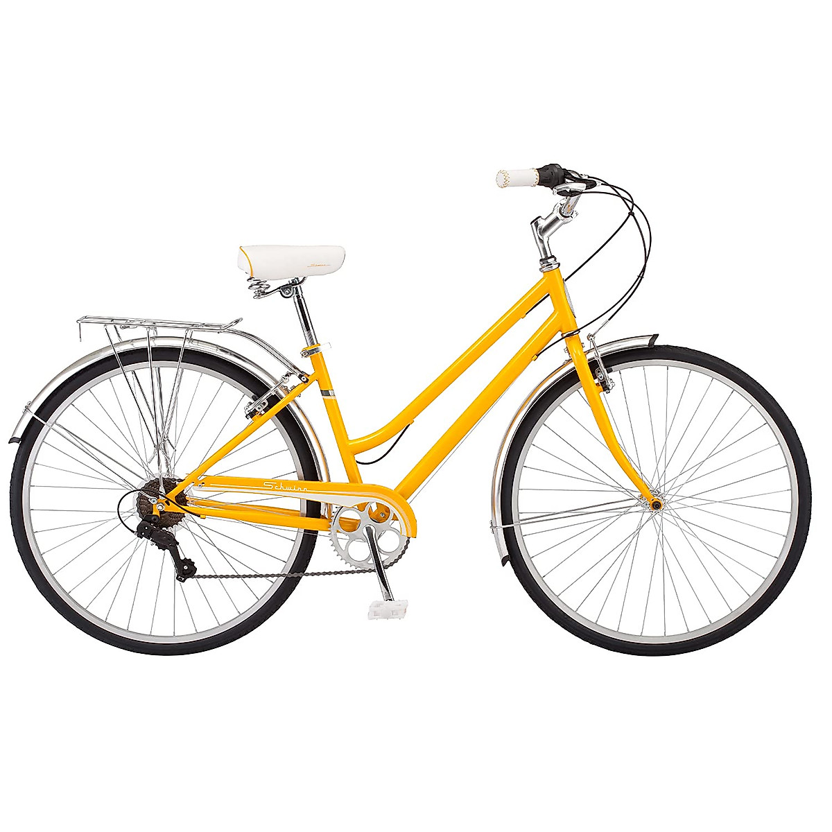 Schwinn Wayfarer Adult Hybrid Bike, Mens and Womens, 16-Inch/Small Steel Step-Through Frame, 7-Speed Drivetrain, Rear Rack, 28-Inch Wheels, Yellow