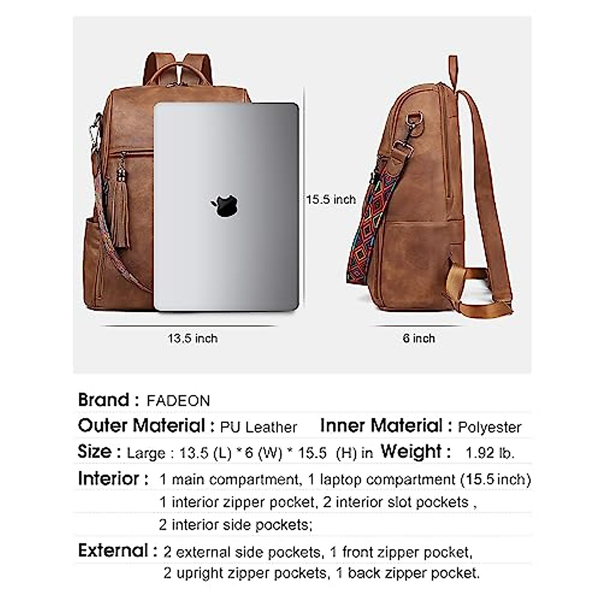FADEON Laptop Backpack Purse for Women Large Designer PU Leather Laptop Bag, Ladies Computer Shoulder Bags