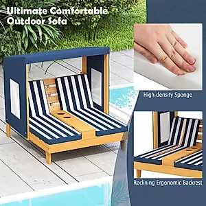 HONEY JOY Kids Chaise Lounge Chair Outdoor, Toddler Wood Double Pool Lounger Chairs w/Canopy, Cup Holders, Removable Stripped Fabric Cushions, 2-Person Kids Patio Furniture for Backyard (Navy Blue)