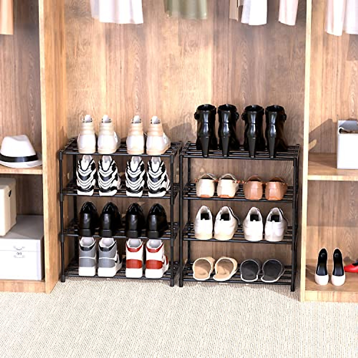 4-Tier Small Shoe Rack, Narrow Stackable Shoe Shelf Storage Organizer, Sturdy Metal Expandable Free Standing Shoe Racks for Entryway Hallway Closet Bathroom Living Room (Black)