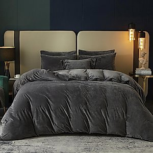 SE SOFTEXLY Velvet Duvet Cover King Size, Soft Flannel Duvet Cover with Zipper Solid Breathable Silky Velour Comforter Cover, Cozy Winter Duvet Cover Set with 2 Pillowcases, 90" x 104", Charcoal Grey