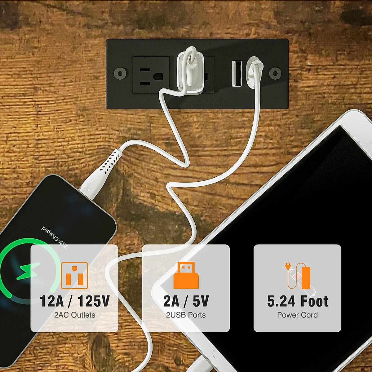 WASAGUN Wood Dog Kennel End Table with Pull-Out Tray, Power Outlets - For Small & Medium Dogs up to 30 lb, Brown