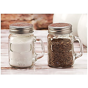Circleware Glass Mini Mason Jar Mug Salt and Pepper Shakers with Handles & Metal Lids, Kitchen Glassware Preserving Containers, Perfect Himalayan Seasoning Spices, 2-Piece Set, 5 oz, Clear, Silver