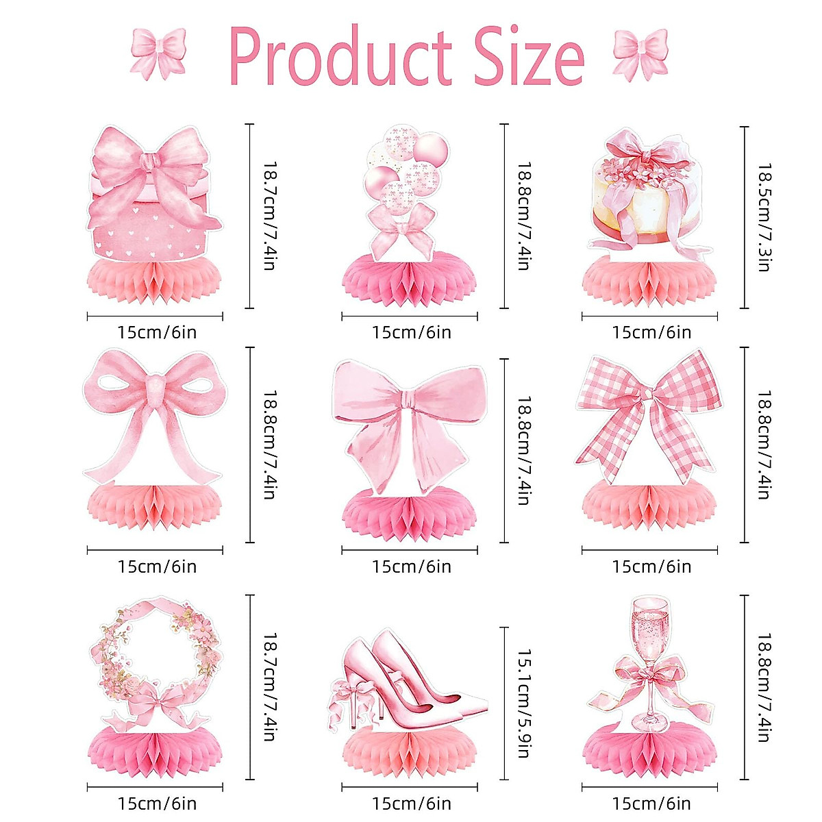9 PCS Pink Bow Honeycomb Centerpieces Party Decorations, Coquette Birthday Decorations Girl Bow Theme Party Decor Pink Bow Table Decor for Girl Bachelorette Baby Shower Bridal Shower Party Supplies
