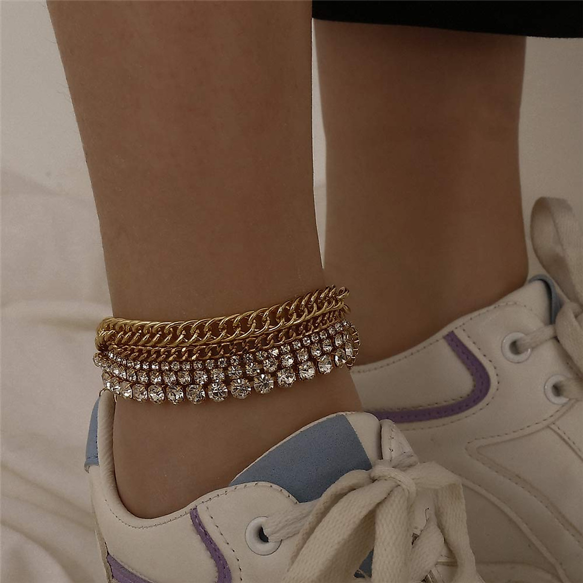 kelistom Cuban Link Rhinestone Tennis Anklet Set for Women Teen Girls, 18K Gold or White Gold Plated Chain Ankle Bracelets for Women with Extension