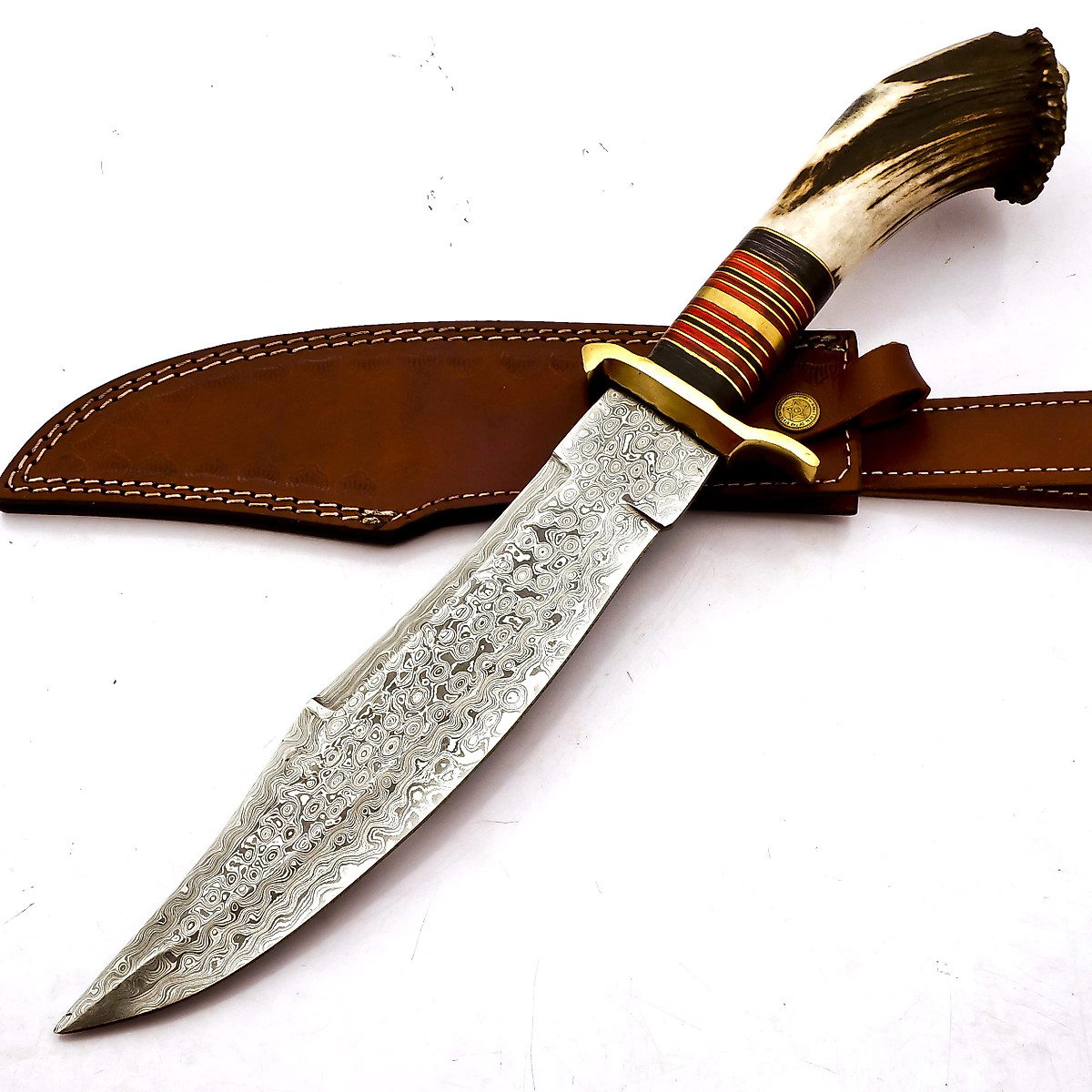 Skokie Knives Custom Hand Made Damascus Steel Hunting Knife Handle Stag Antler With Brass Spacer