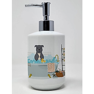 Caroline's Treasures WDK5743SOAP Blue Staffordshire Bull Terrier in Bathtub Ceramic Soap Dispenser Hand Soap Dispenser Pump Bottles for Bathroom Kitchen, Empty Refillable Liquid Soap Container