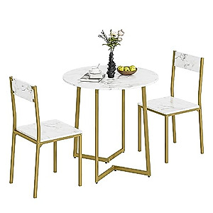 Masupu Small Round Dining Table Set for 2, Wood Marbled Tabletop with Steel Frame, Modern Dinette with Chairs for Kitchen Breakfast Nook Living Room, White and Gold
