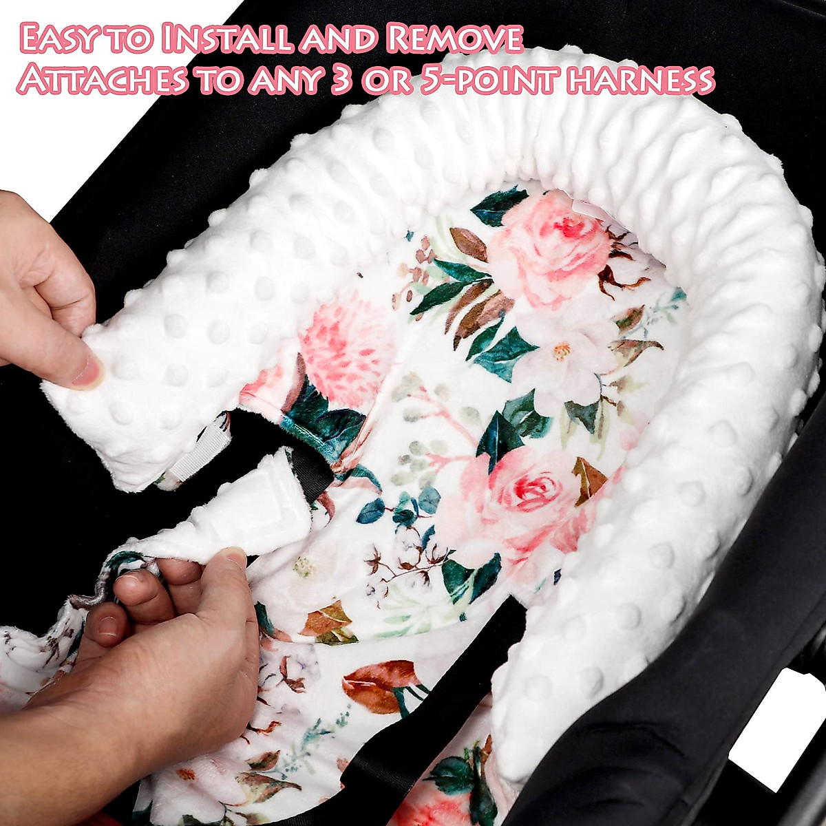 DILIMI Baby Car Seat Head Support, Soft Minky Infant Carseat Head Support for Boys and Girls, Car Seat Head Support with Straps Cover for Car Seats, Strollers and Bouncers, Pink Flower