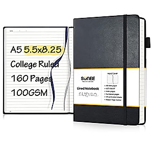 SUNEE A5 College Ruled Lined Journal Notebook with 160 Pages 5.5x8.25 Inches 100GSM Writing Paper, Hardcover Journal with Black Vegan Leather Cover, Pen Loop and Numbered Sheets