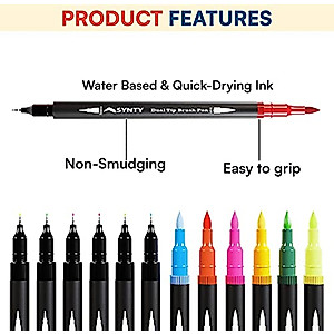 SYNTY 46 Brush Pens, Water-Based, Odourless & Leak Proof Dual Tip – Professional brush markers for Calligraphy, Lettering, Sketching & Drawing