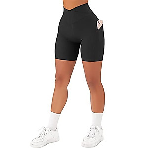 SUUKSESS Women Cross Waist Workout Shorts with Pockets Ribbed High Waisted Booty Biker Shorts (#1 Black, M)