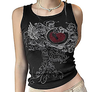 Meladyan Women Heart Rhinestone Graphic Print Sleeveless Crop Tank Ribbed Fairy Grunge 90s E-Girl Goth Vest Shirt Top Small