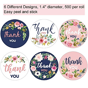500 Floral Thank You Adhesive Label Stickers, 1.4 Inch Round Stickers 6 Different Designs, Thank You Stickers Roll Perfect for Birthday, Wedding Favors, Baby Shower, Small Business and Boutiques.