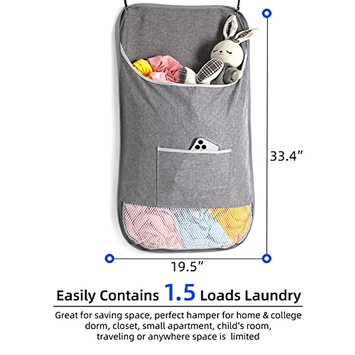 KOOZTI Hanging Laundry Hamper Bag, Over the Door Laundry Bag with U-Shaped Bottom Zipper Opening, Breathable Honeycomb Mesh window, Space Saving Laundry Bag with 2 Types of Hooks