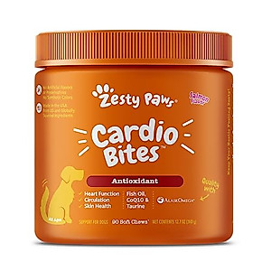 Zesty Paws Cardiovascular Soft Chews for Dogs - with Antioxidants and AlaskOmega Fish Oil with Omega 3 Fatty Acids - Plus CoQ10, Taurine & L Carnitine for Dog Heart Health - 90 Count