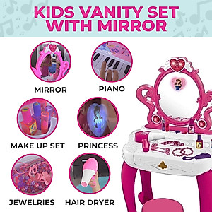 Wolvolk Princess 2-in-1 Toddler Vanity Set with Piano - Unlock Creativity, Joy, and Music in One Experience a Kids Vanity Set with Mirror and Piano for Kids Ages 3-5
