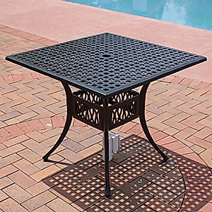 Sunnydaze Square Patio Dining Table - Outdoor Heavy-Duty Black Cast Aluminum - 4-Person Outside Patio Furniture with Umbrella Hole - Modern Dinette Table - Outdoor Patio Table - 35-Inch